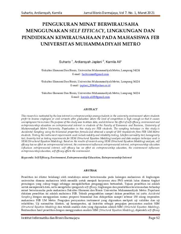 (PDF) Pengukuran Minat Berwirausaha Menggunakan Self Efficacy, Lingkungan Dan Pendidikan ...