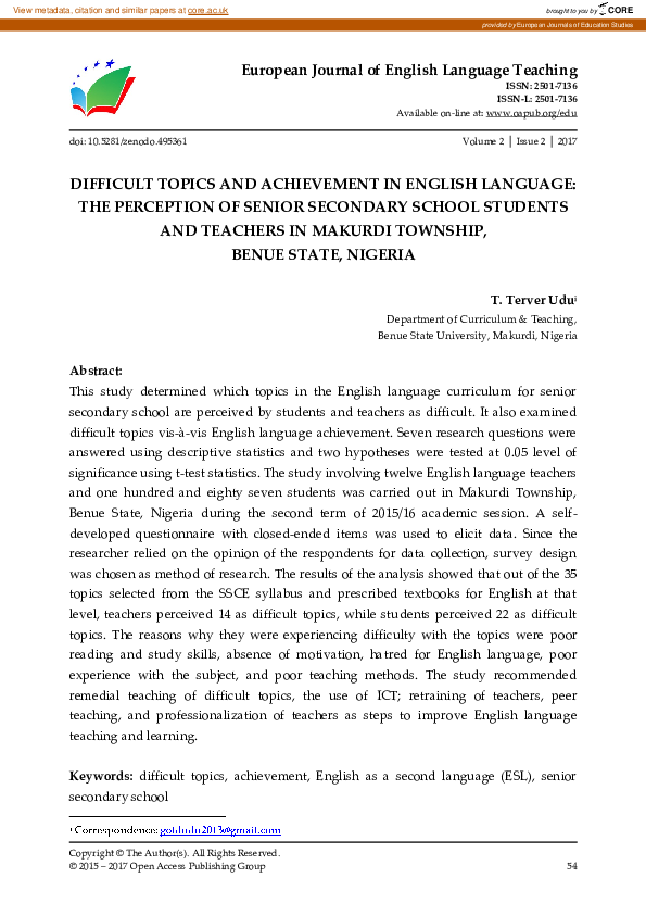 (PDF) Difficult Topics and Achievement in English Language: The ...