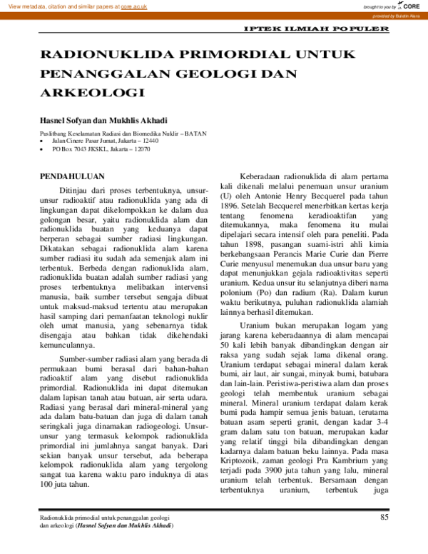(PDF) Radionuklida Primordial Untuk Penanggalan Geologi Dan Arkeologi