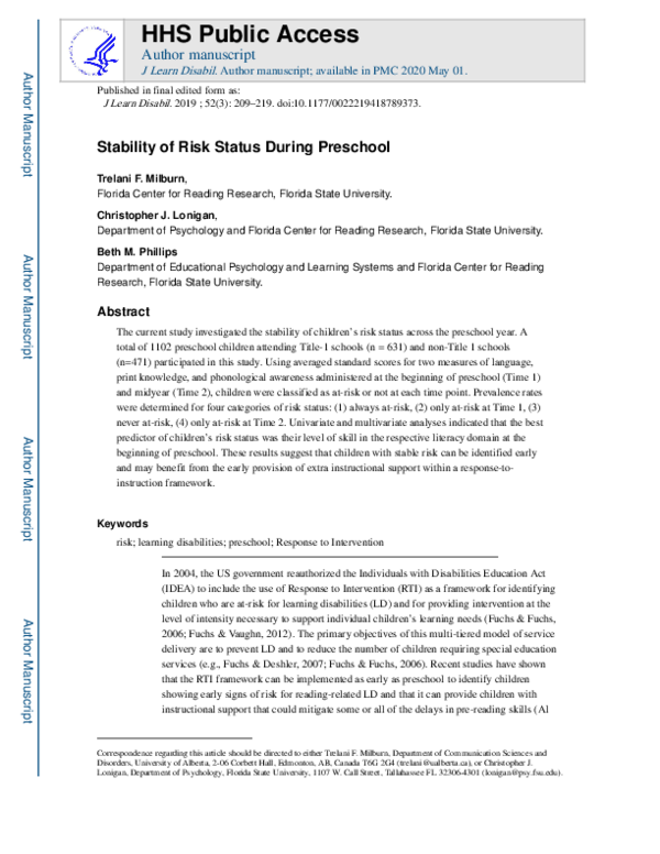 (PDF) Stability of Risk Status During Preschool