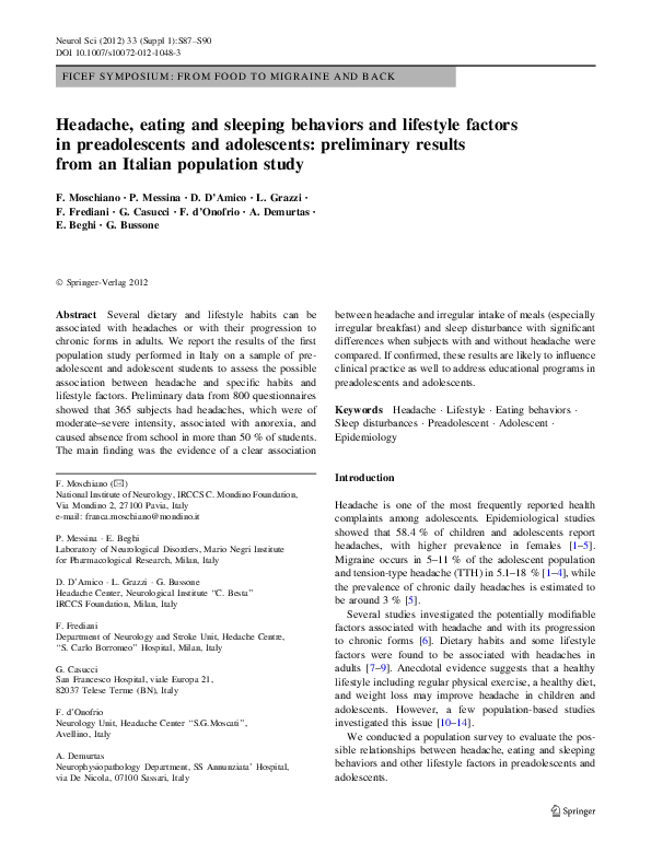 (PDF) Headache, eating and sleeping behaviors and lifestyle factors in ...