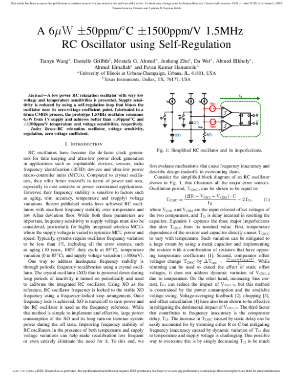 (PDF) A 6μW ±50ppm/°C ±1500ppm/V 1.5MHz RC Oscillator using Self-Regulation