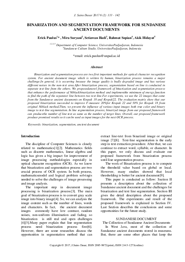 (PDF) Binarization and Segmentation Framework for Sundanese Ancient ...