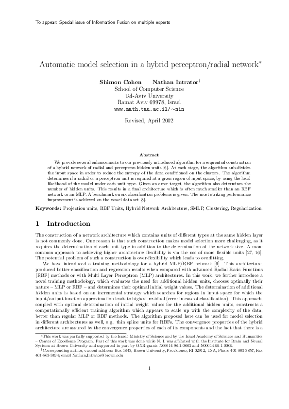 (PDF) Automatic model selection in a hybrid perceptron/radial network