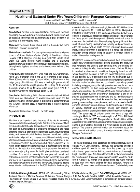 (PDF) Nutritional Status of Under Five Years Children in Rangpur Cantonment