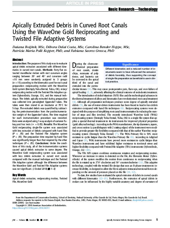 (PDF) Apically Extruded Debris in Curved Root Canals Using the WaveOne ...