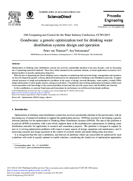 (PDF) Gondwana: A Generic Optimization Tool for Drinking Water Distribution Systems Design and ...