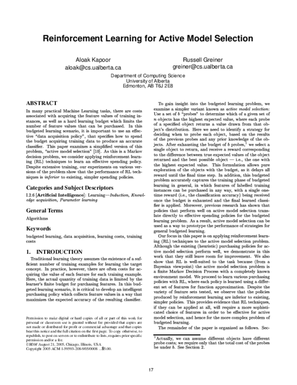 Pdf Reinforcement Learning For Active Model Selection R Greiner
