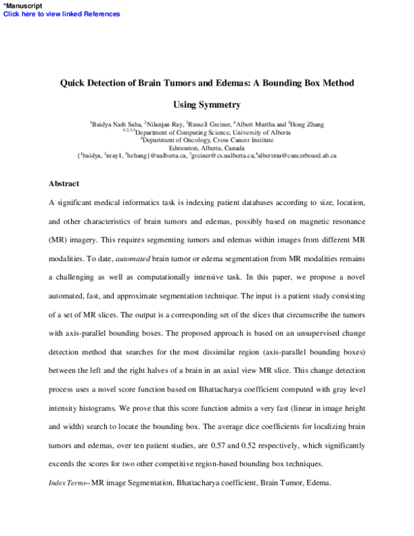 (PDF) Quick detection of brain tumors and edemas: A bounding box method ...
