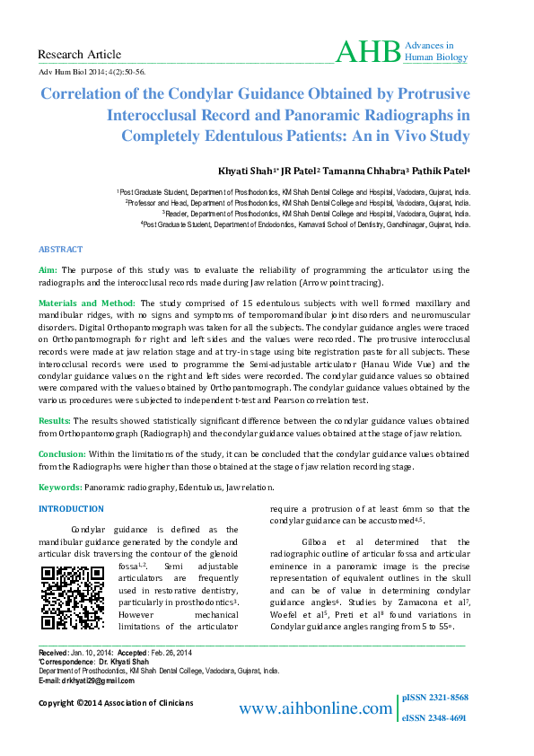 (PDF) Correlation of the Condylar Guidance Obtained by Protrusive ...