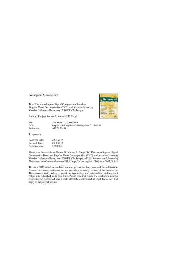 Pdf Electrocardiogram Signal Compression Based On Singular Value Decomposition Svd And