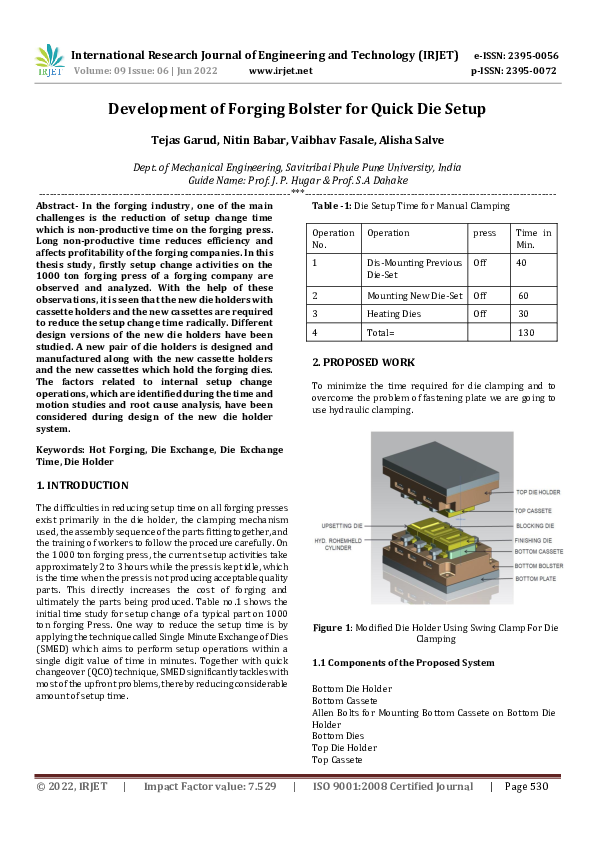 (PDF) Development of Forging Bolster for Quick Die Setup