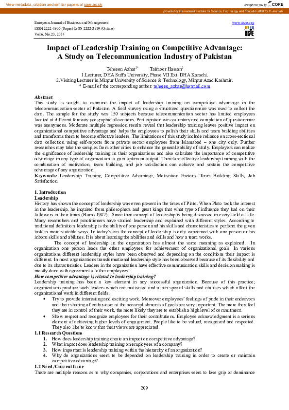 (PDF) Impact of Leadership Training on Competitive Advantage: A Study ...