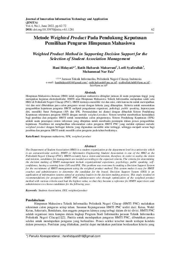 (PDF) Metode Weighted Product Pada Pendukung Keputusan Pemilihan ...