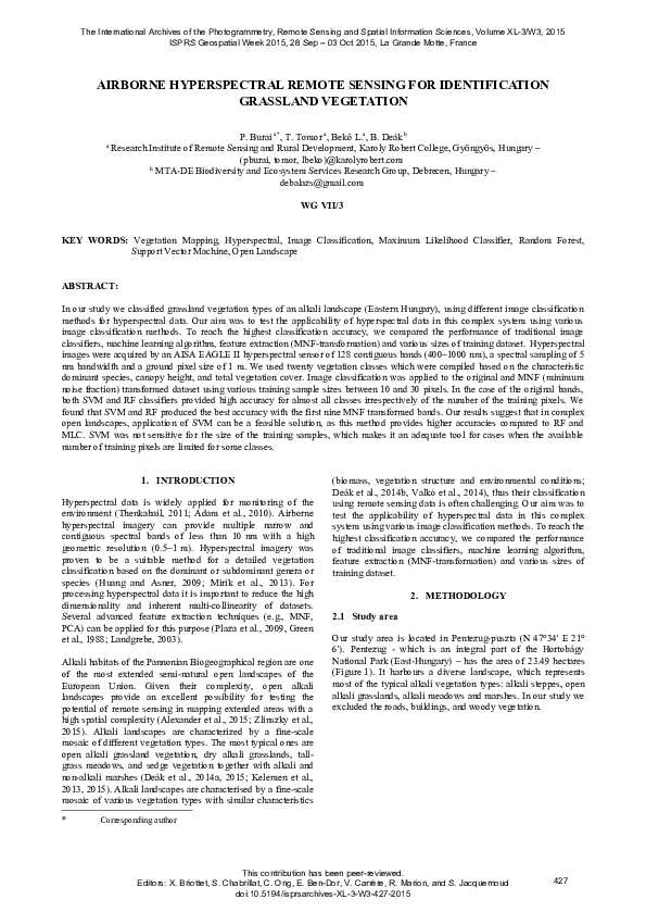 Pdf Airborne Hyperspectral Remote Sensing For Identification Grassland Vegetation