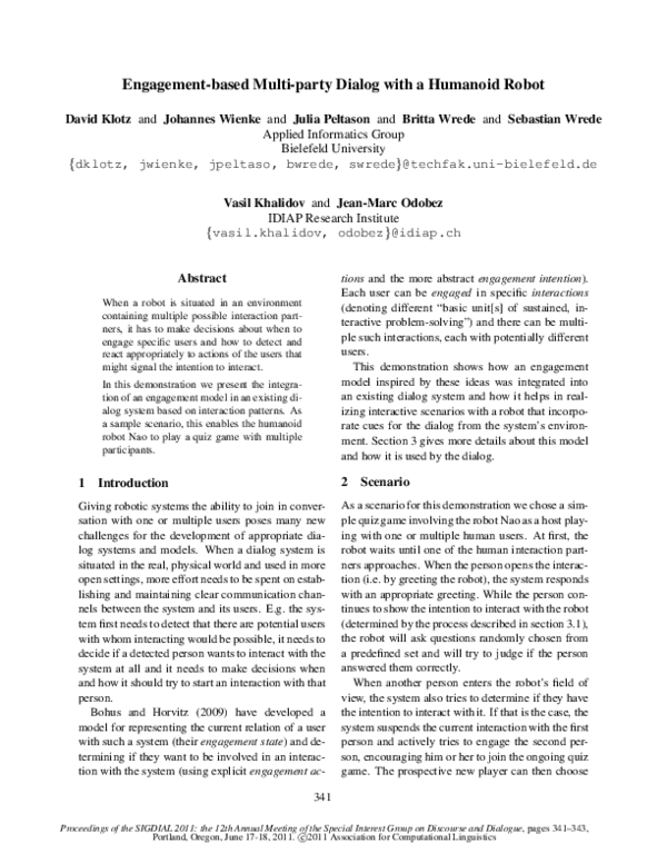 (PDF) Engagement-based Multi-party Dialog with a Humanoid Robot | Britta Wrede - Academia.edu