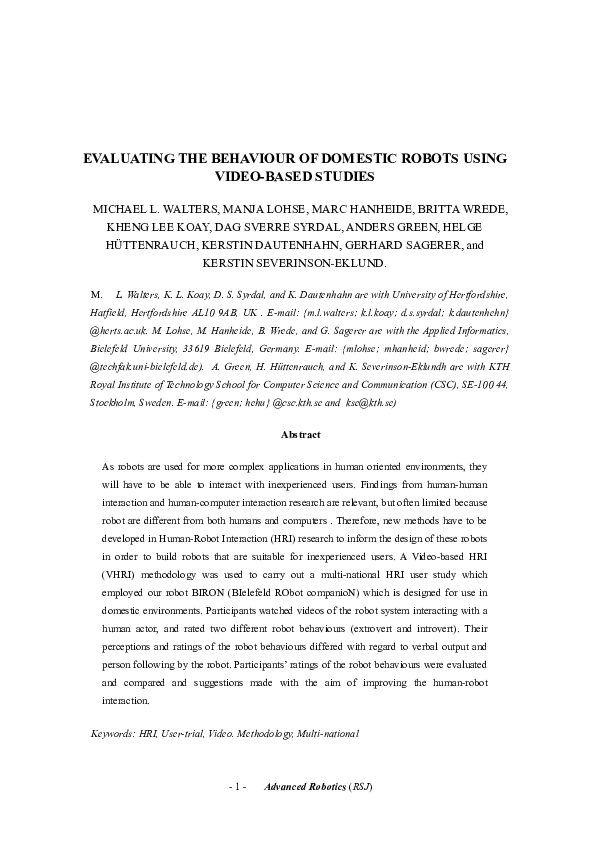 (PDF) Evaluating the Robot Personality and Verbal Behavior of Domestic Robots Using Video-Based ...