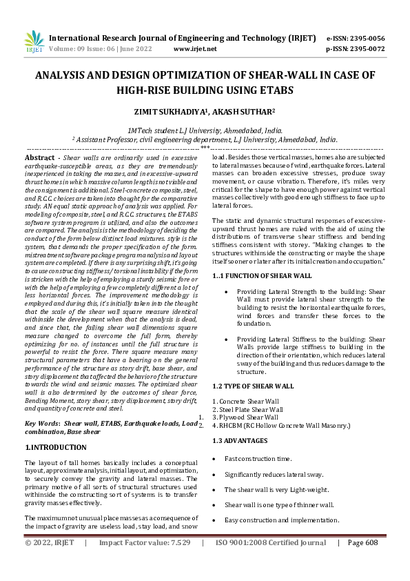 (PDF) ANALYSIS AND DESIGN OPTIMIZATION OF SHEAR-WALL IN CASE OF HIGH-RISE BUILDING USING ETABS