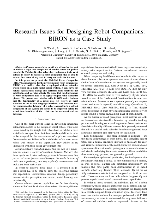 (PDF) Research issues for designing robot companions: BIRON as a case study