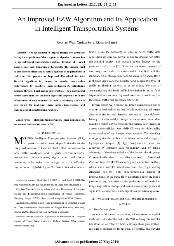Pdf An Improved Ezw Algorithm And Its Application In Intelligent Transportation Systems
