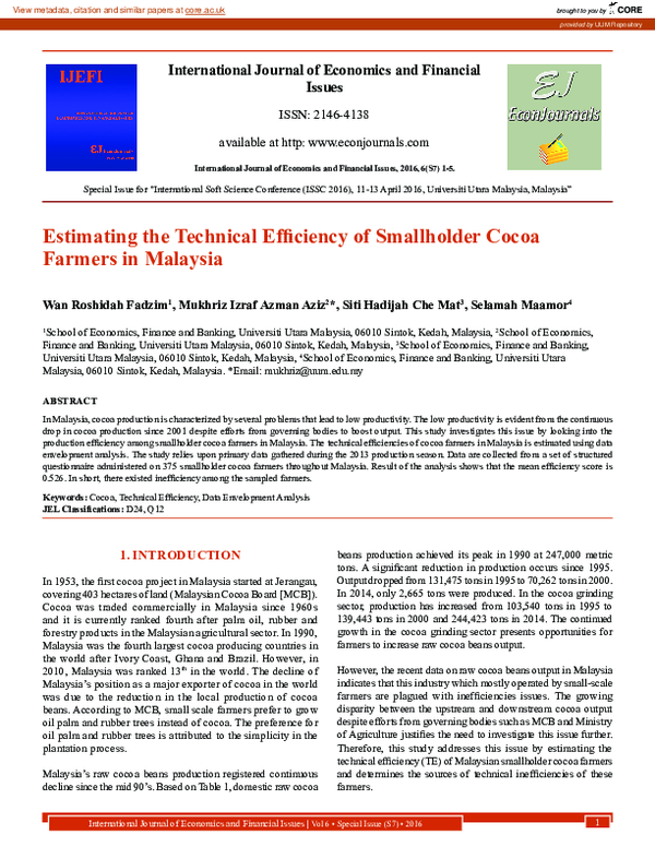 (PDF) Estimating the Technical Efficiency of Smallholder Cocoa Farmers in Malaysia