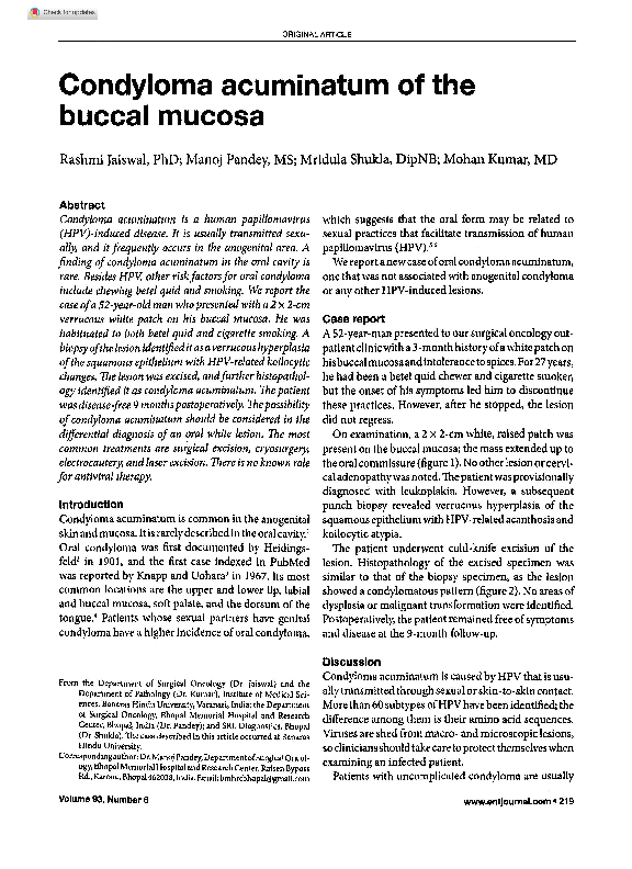 (PDF) Condyloma Acuminatum of the Buccal Mucosa