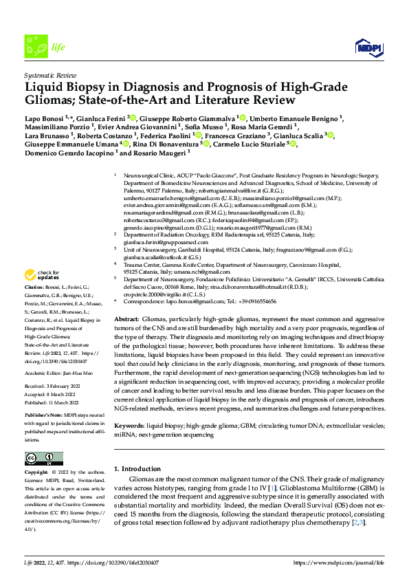 (PDF) Liquid Biopsy in Diagnosis and Prognosis of High-Grade Gliomas; State-of-the-Art and ...
