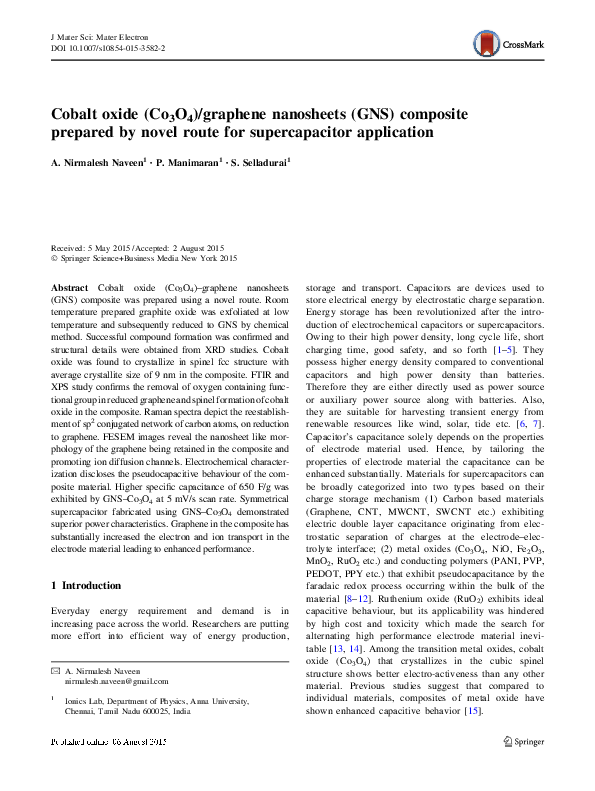 (PDF) Cobalt oxide (Co3O4)/graphene nanosheets (GNS) composite prepared by novel route for ...