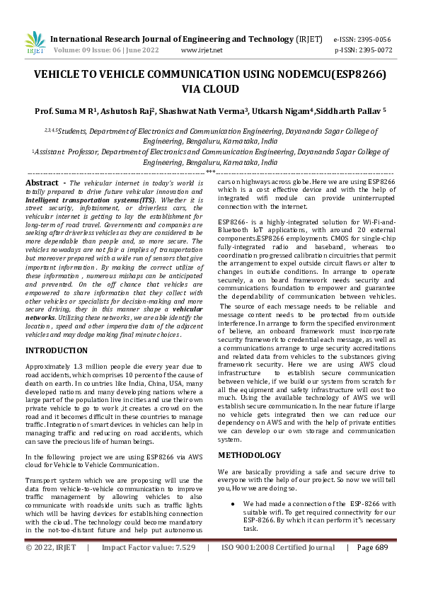 Pdf Vehicle To Vehicle Communication Using Nodemcuesp8266 Via Cloud Irjet Journal