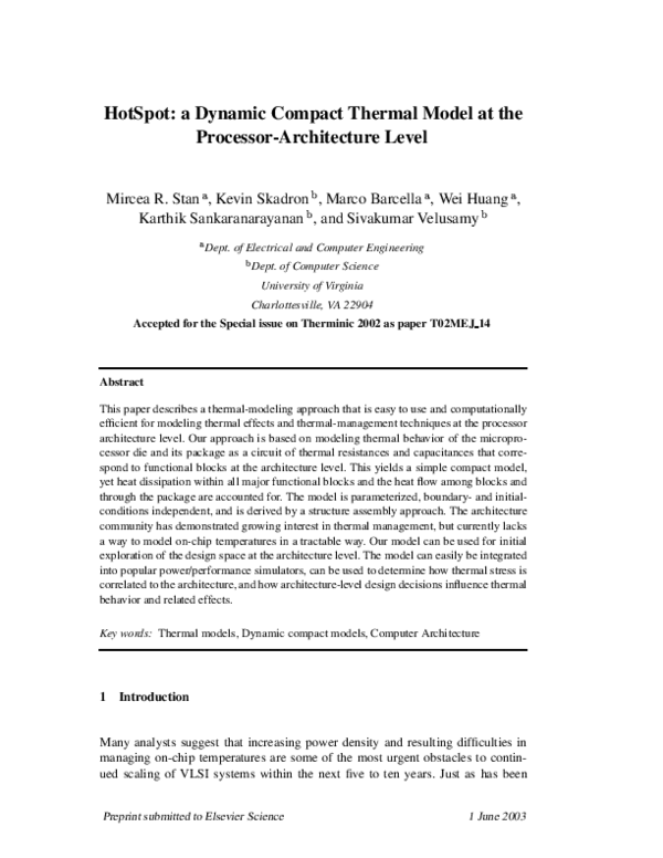 Pdf Hotspot A Dynamic Compact Thermal Model At The Processor Architecture Level