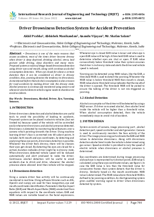Pdf Driver Drowsiness Detection System For Accident Prevention