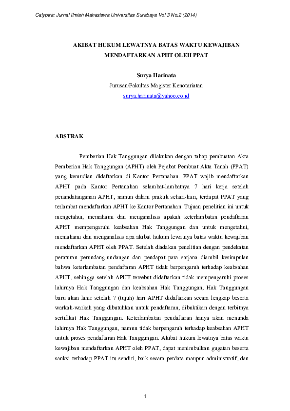 (PDF) Akibat Hukum Lewatnya Batas Waktu Kewajiban Mendaftarkan Apht Oleh Ppat