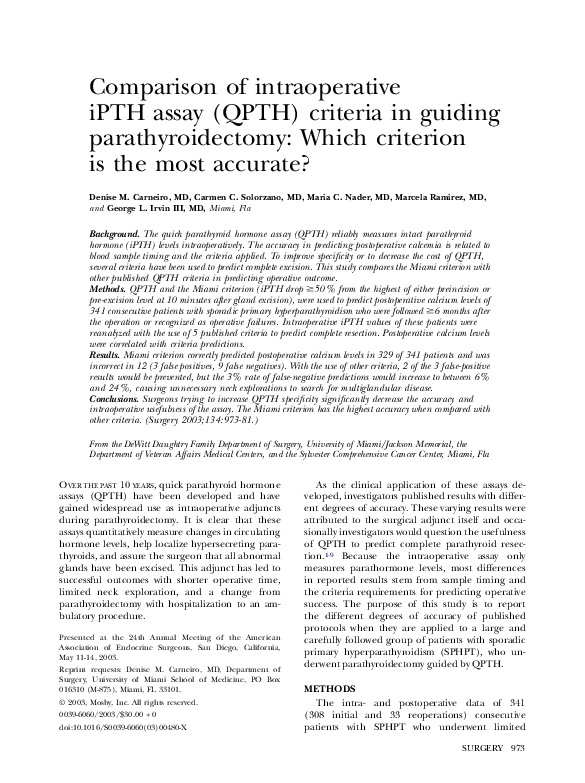 (PDF) Comparison of intraoperative iPTH assay (QPTH) criteria in ...