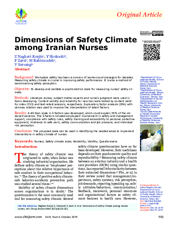 (PDF) Dimensions of Safety Climate among Iranian Nurses
