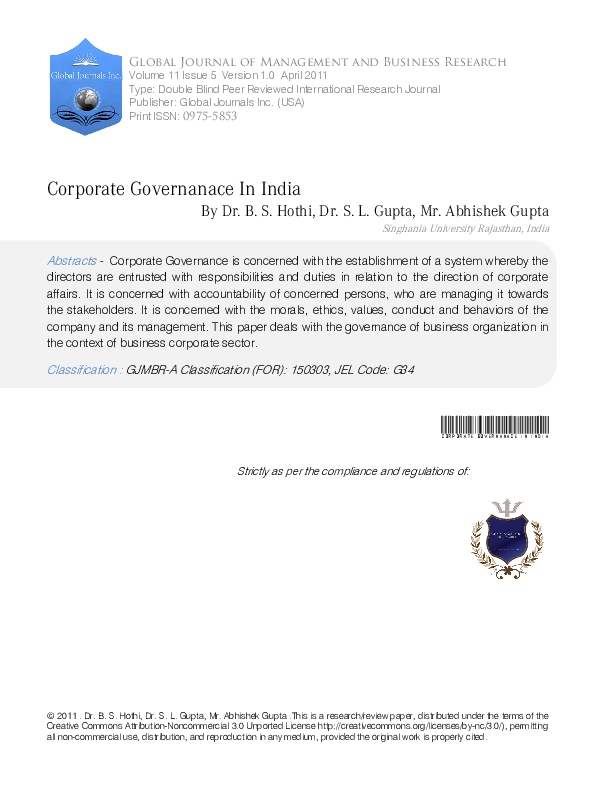(PDF) Corporate Governanace In India