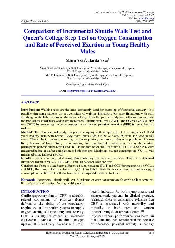 (PDF) Comparison of Incremental Shuttle Walk Test and Queen's College ...