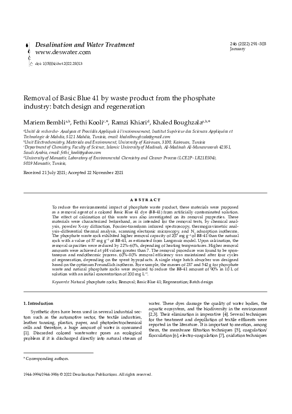(PDF) Removal of Basic Blue 41 by waste product from the phosphate ...