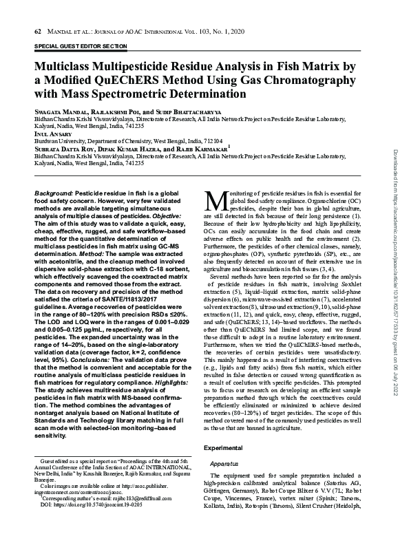 (PDF) Multiclass Multipesticide Residue Analysis in Fish Matrix by a Modified QuEChERS Method ...