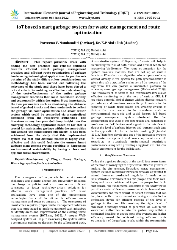 (PDF) IoT based smart garbage system for waste management and route optimization