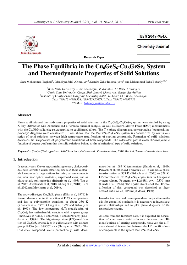 (PDF) The Phase Equilibria in the Cu 8 GeS 6-Cu 8 GeSe 6 System and Thermodynamic Properties of ...