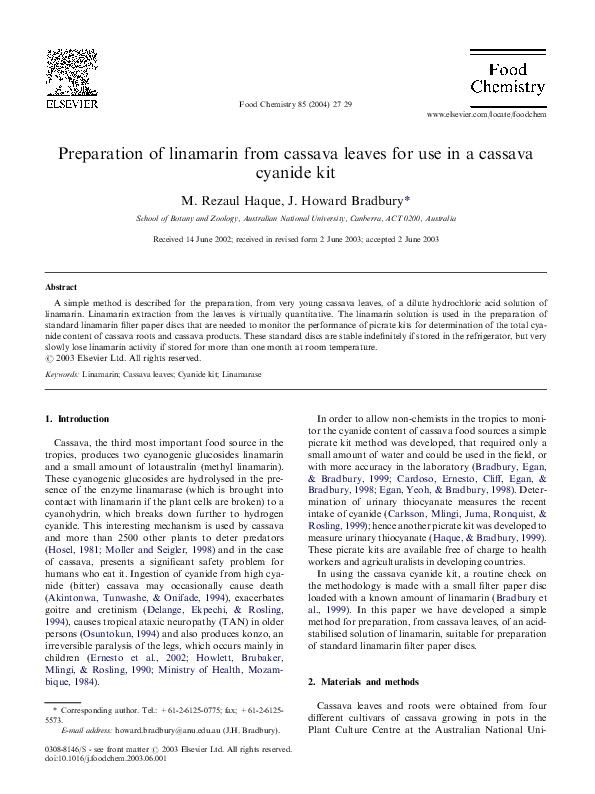 (PDF) Preparation of linamarin from cassava leaves for use in a cassava ...