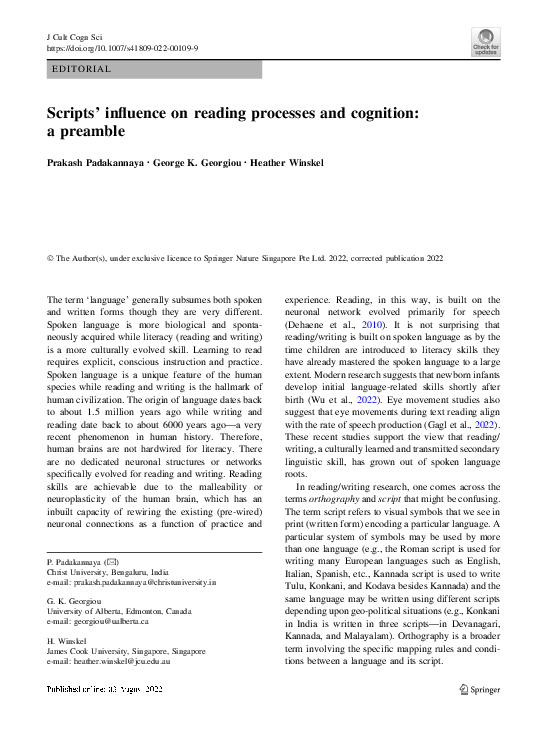 (PDF) Scripts’ influence on reading processes and cognition: a preamble