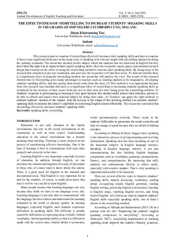 (PDF) THE EFFECTIVENESS OF STORYTELLING TO INCREASE STUDENTS' SPEAKING SKILLS IN VIII GRADES OF ...