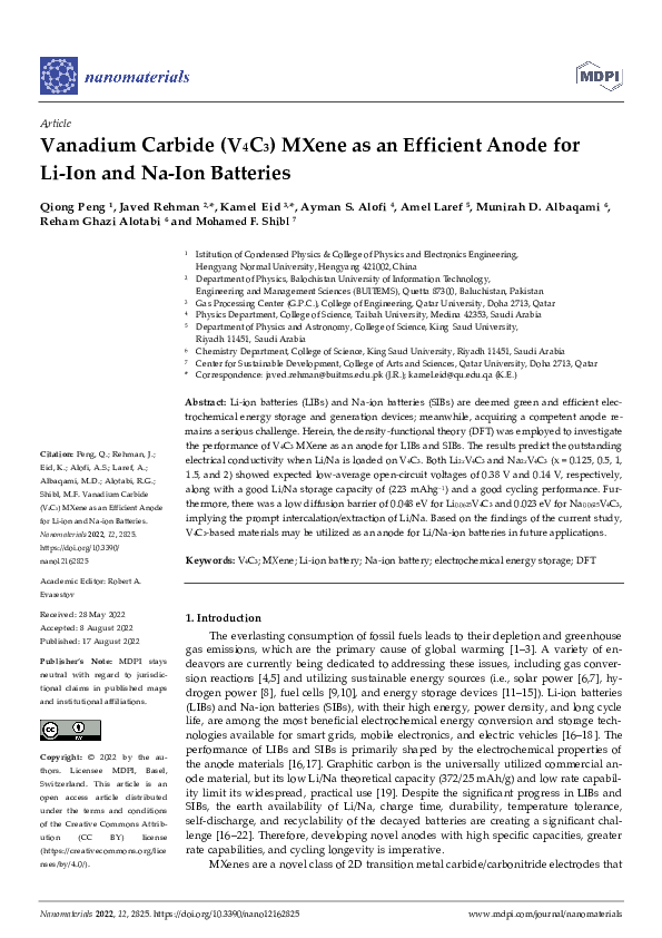 (PDF) Vanadium Carbide (V4C3) MXene as an Efficient Anode for Li-Ion and Na-Ion Batteries
