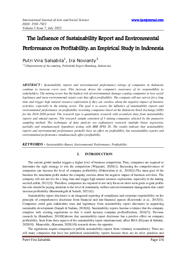 (PDF) The Influence of Sustainability Report and Environmental Performance on Profitability: an ...