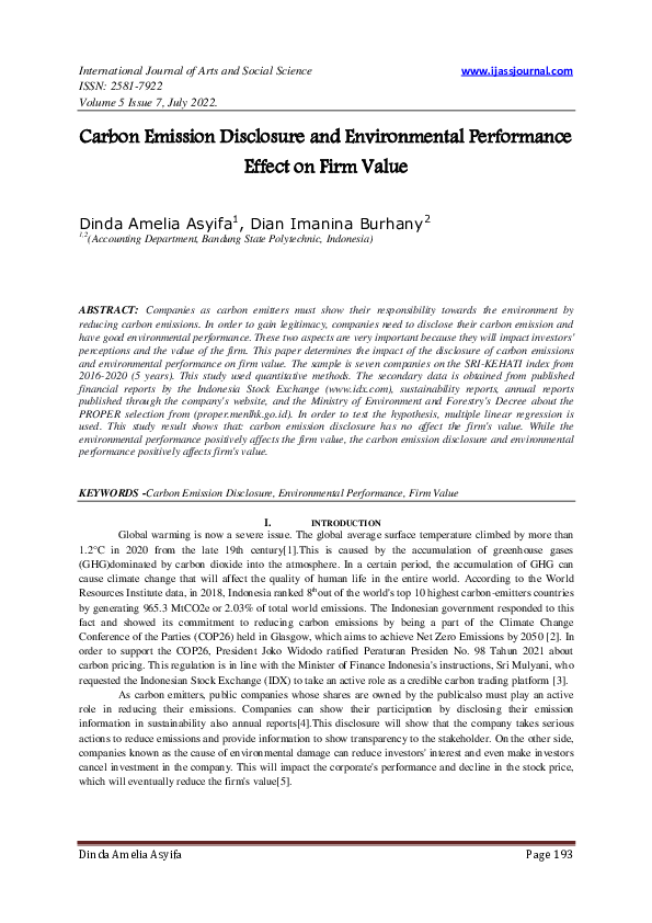 (PDF) Carbon Emission Disclosure and Environmental Performance Effect on Firm Value