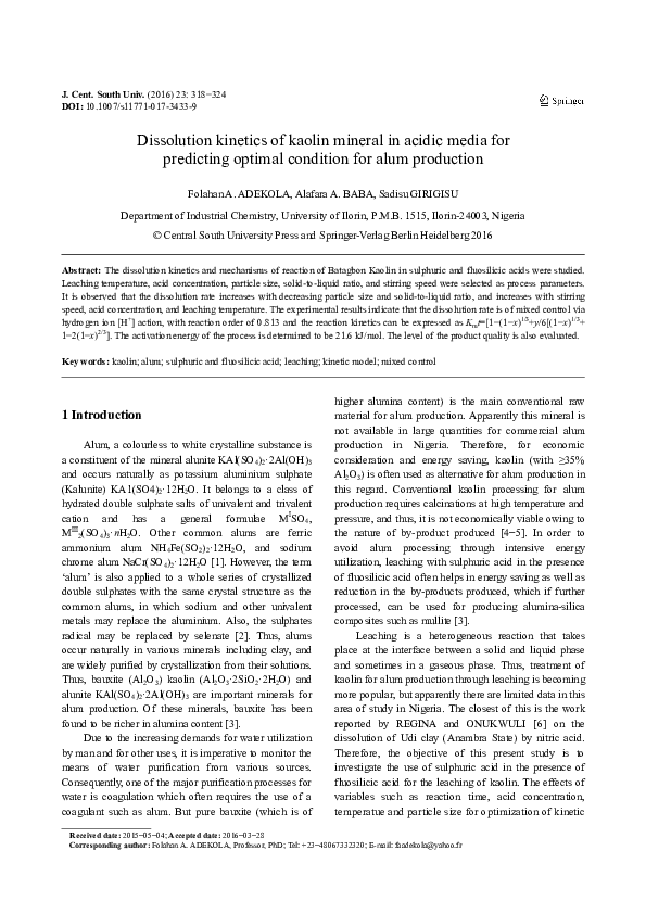 (PDF) Dissolution kinetics of kaolin mineral in acidic media for ...
