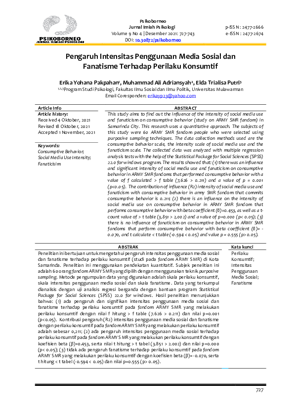 (PDF) Pengaruh Intensitas Penggunaan Media Sosial dan Fanatisme Terhadap Perilaku Konsumtif