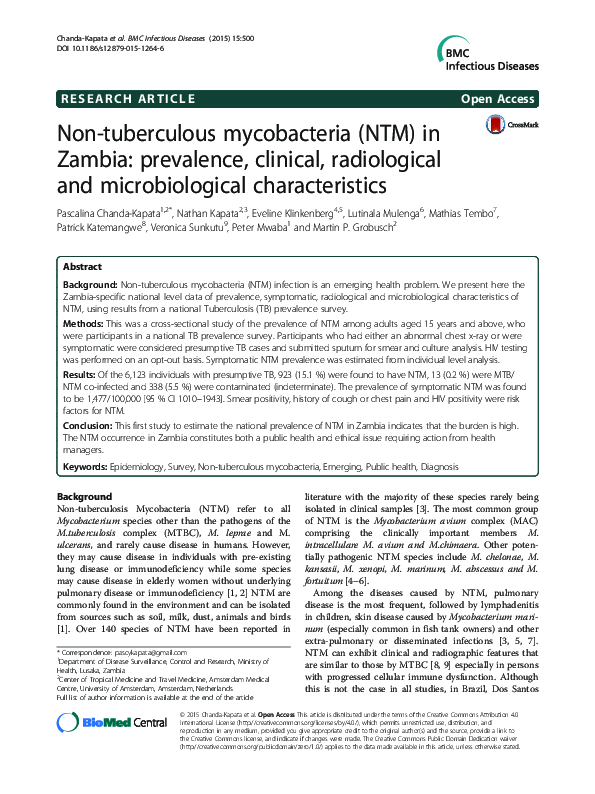 (PDF) Non-tuberculous mycobacteria (NTM) in Zambia: prevalence, clinical, radiological and ...