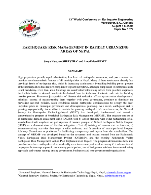(PDF) Earthquake Risk Management in Rapidly Urbanizing Areas of Nepal